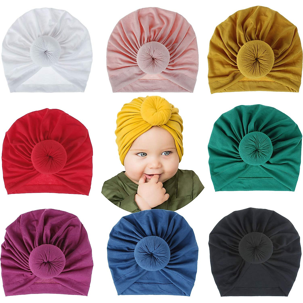 8 Pack Solid Green Blue Red Pink Gray Large Donut Ball Knot Bow Cotton Beanie Turban Hat Cap India Muslim Islamic Headwrap Winter Hospital Nursery for Newborn Baby Girl Infant Toddler Kids