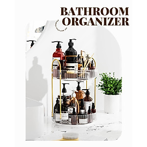 Devokimi Bathroom Organizer Countertop, Rotating Makeup Organizer for Vanity, 2-Tier Make Up Organizers and Storage, Vanity Tray Shelf for Cosmetic, Skin Care, Lotions (Clear)