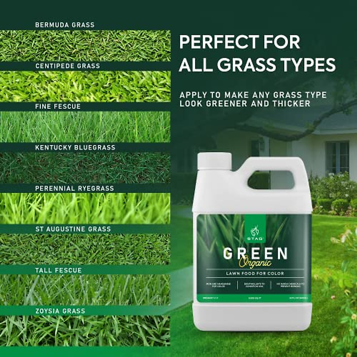 Green Organic Fertilizer - Grass Fertilizer for Greener Color & Sustained Growth, Lawn Food That Conditions & Nourishes Soil, No Harsh Chemicals Turf Care, 32 oz. Lawn Food for 5,000 sq. ft.