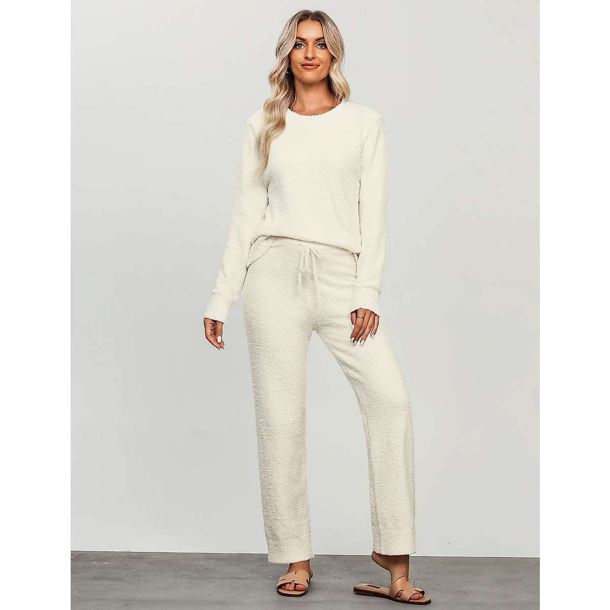 luvamia Women's Casual Solid Color Pajama Sets Long Sleeve Tops And Pants Long Pj Sets Joggers Loungewear Sleepwear Nightwear Womens Loungewear Set Cute 2 Piece Outfits For Women Beige Xx-Large