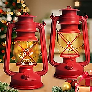 Christmas Decorations Vintage Lantern LED Outdoor Hanging Lantern Red Indoor Decor Lamp Santa Claus Christmas Tree Garden Dining Light Battery Powered Camping Retro Lanterns 2 Pack