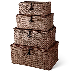 Woanger Set of 4 Seagrass Storage Bins with Lid Wicker Storage Baskets Organizer for Organizing, Woven Bins Home Utility Box for Home Office Supplies(Coffee)