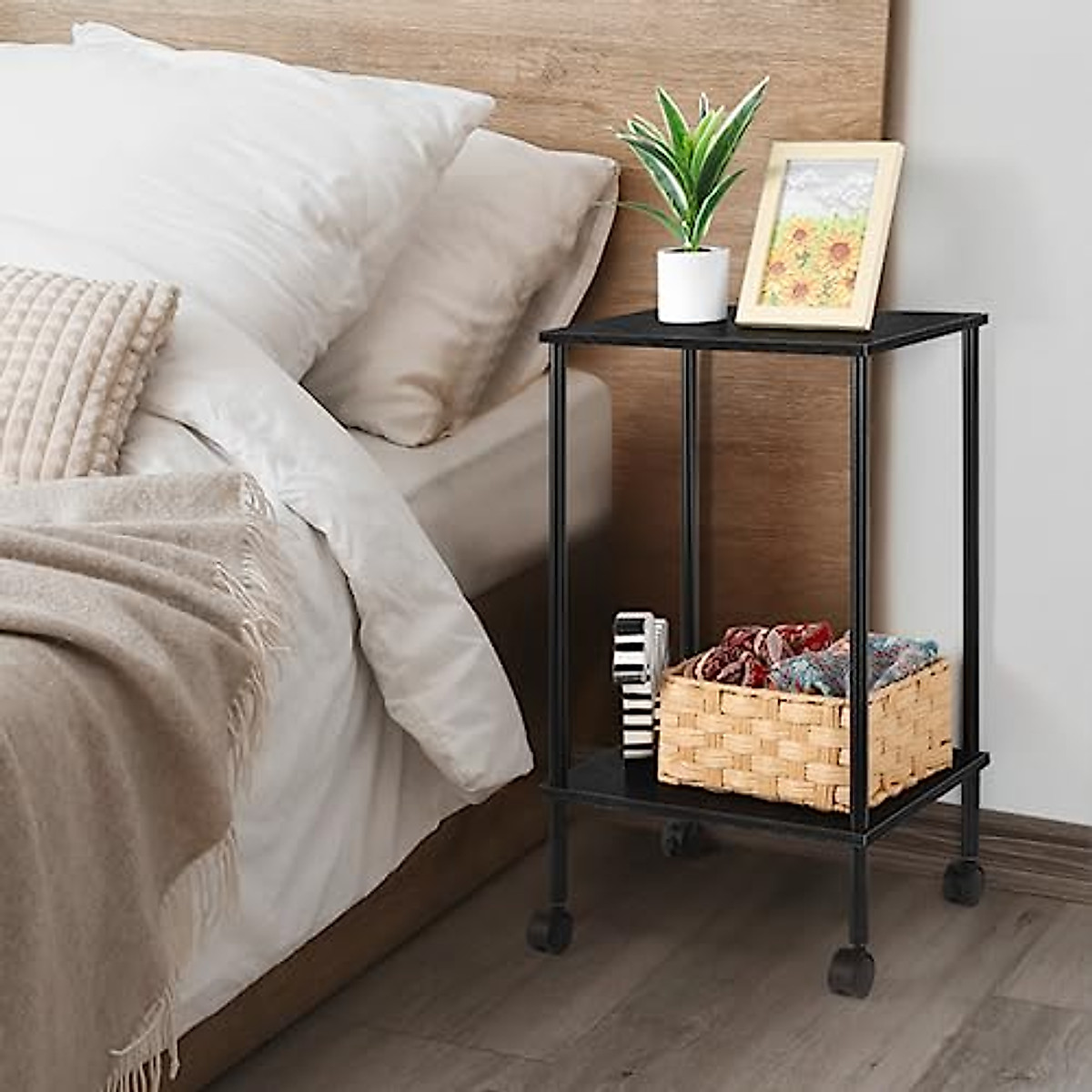 Vrisa End Table Set of 2 Side Table Livingroom Bedside Tables for Small Spaces Nightstands Set of 2 Small Narrow End Table with Wheels 2-Tier Space Saving for Living Room Bedroom Office, Black