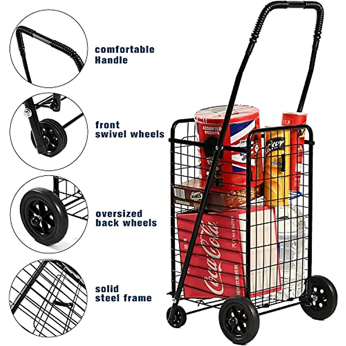 Utility Cart with Wheels to be Used as a Shopping Cart,Folding Shopping cart,Grocery Cart, Laundry Cart and Stair Climber Cart, Weighs 7.5 Pounds but Holds up to 90 Pounds, Compact and Foldable,Black