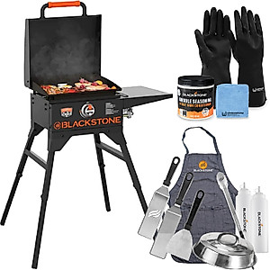 17 inch Blackstone Griddle with Hood and Cart, Flat Top Grill Propane Powered Portable Gas Grill for Camping and Outdoor BBQ Grill with Blackstone Accessories Kit, Cast Iron Seasoning,