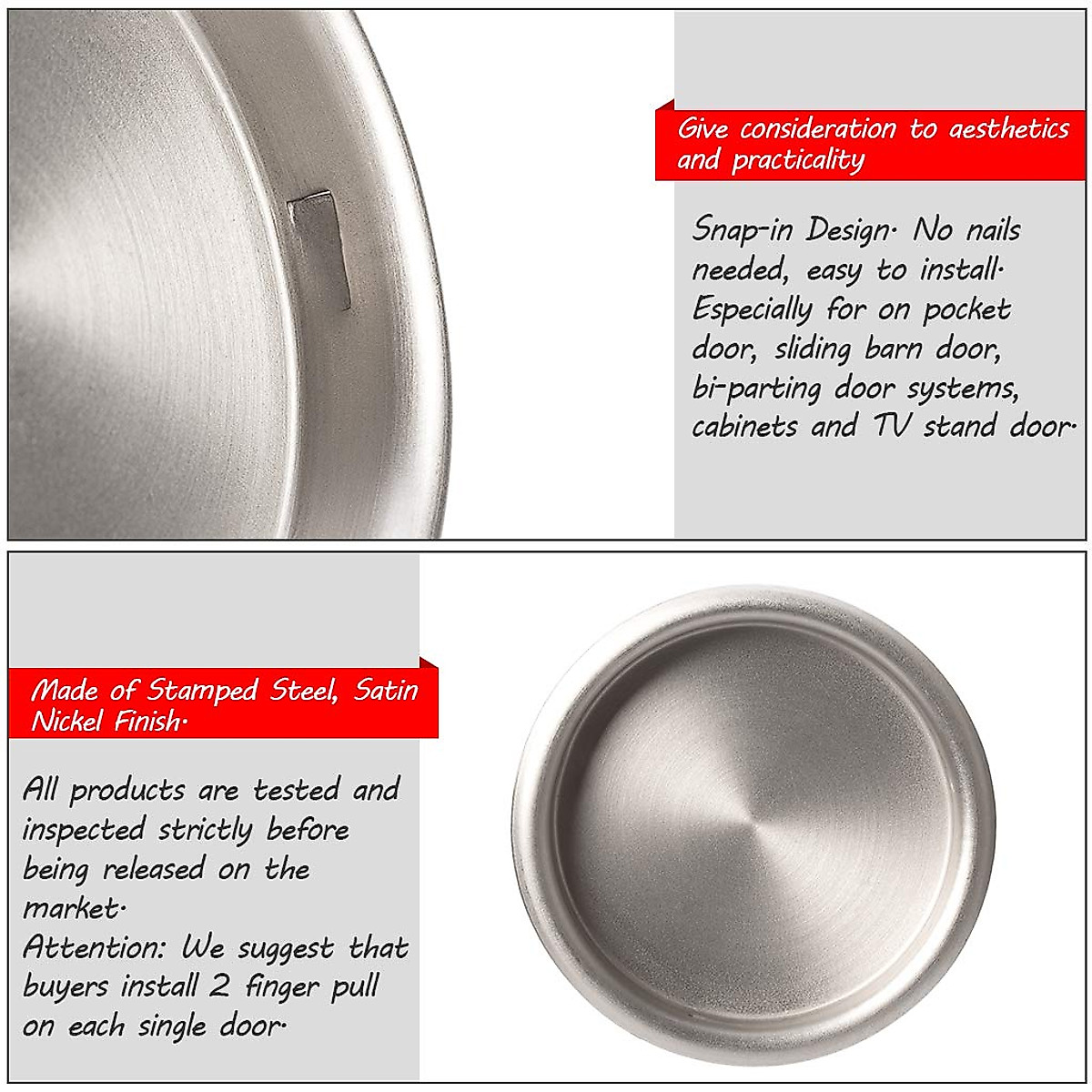 4PCS Closet Door Finger Pull - Satin Nickel, 2-1/8' Easy Snap-in Circular Sliver Pulls, No Nails Needed, Perfect for Cabinet, Pocket, Sliding, Bi-Pass Door