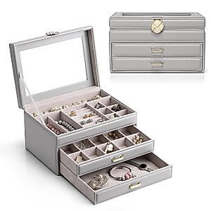 Vlando Jewelry Box Organizer, Leather Jewelry Display Case, 2 Jewelry Tray Drawer Storage for Necklaces, Earrings and Rings, Grey