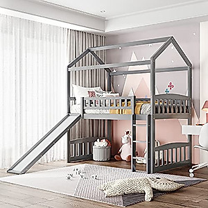 MOEO Twin Size House Loft Bed with Convertible Slide, Wood Bedroom Bedframe for Kids, Bedroom, Home, No Box Spring Need, Grey