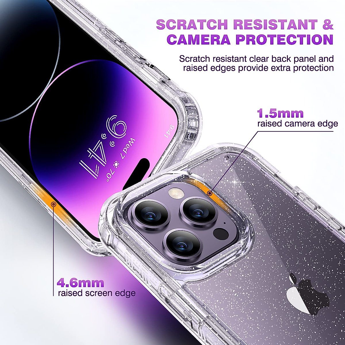 Diaclara Designed for iPhone 14 Pro Max Case 6.7’’ [2023 Upgraded], Full Body Rugged Case w/Built-in Touch Sensitive Anti-Scratch Screen Protector+9H Glass Camera Lens Protector(Clear Glitter)