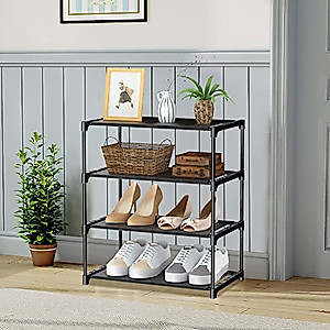 4-Tier Small Shoe Rack, Narrow Stackable Shoe Shelf Storage Organizer, Sturdy Metal Expandable Free Standing Shoe Racks for Entryway Hallway Closet Bathroom Living Room (4-Tier-Black)