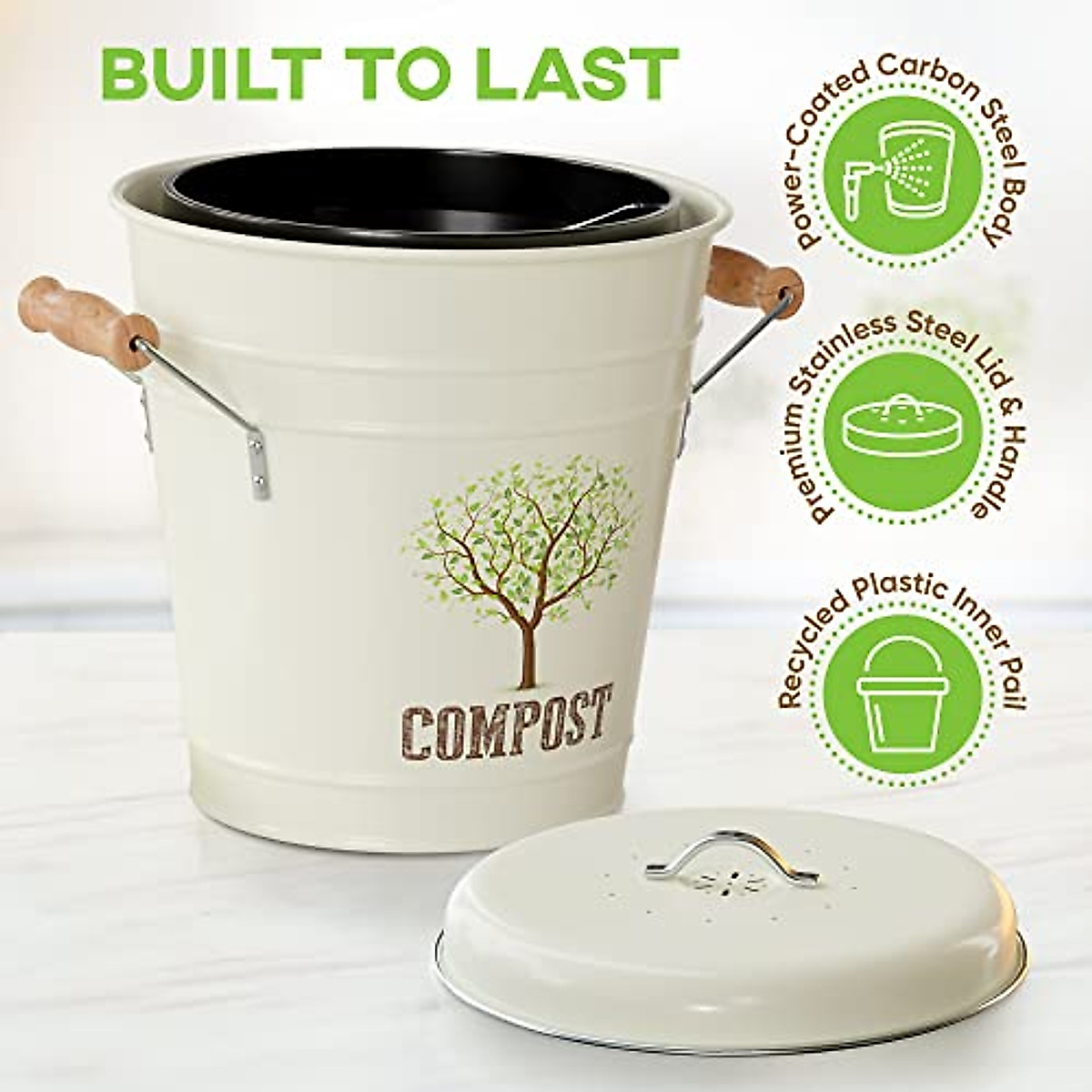 Third Rock Compost Bin Kitchen – 1.0 Gallon Countertop Compost Bin with Lid – Kitchen Compost Bin Countertop – Indoor Compost Bin Kitchen Counter Includes Inner Compost Bucket Liner - Indoor Composter