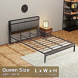 Zevemomo Queen Bed Frame, Queen Size Metal Platform Bed Frame with 2-Tier Storage Upholstered Headboard and Power Outlets, USB Ports Charging Station/No Box Spring Needed/Noise-Free/Easy Assembly