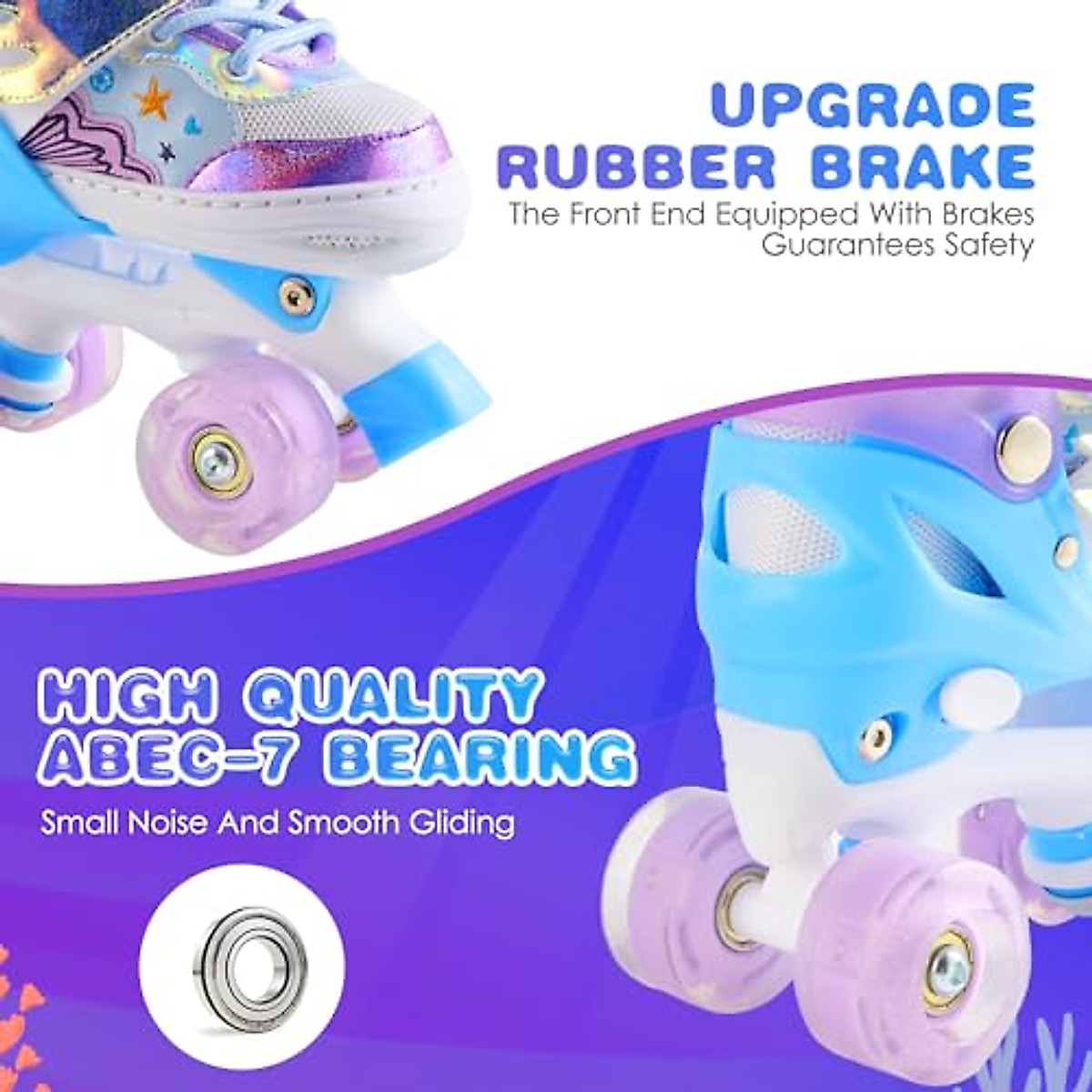 Mermaid Kids Roller Skates Adjustable Roller Skates with Light Up Wheels for Kids, Beginner, Girls, Boys Outdoor Roller Skating for Toddlers, Skating Shoes for Ages 3-12