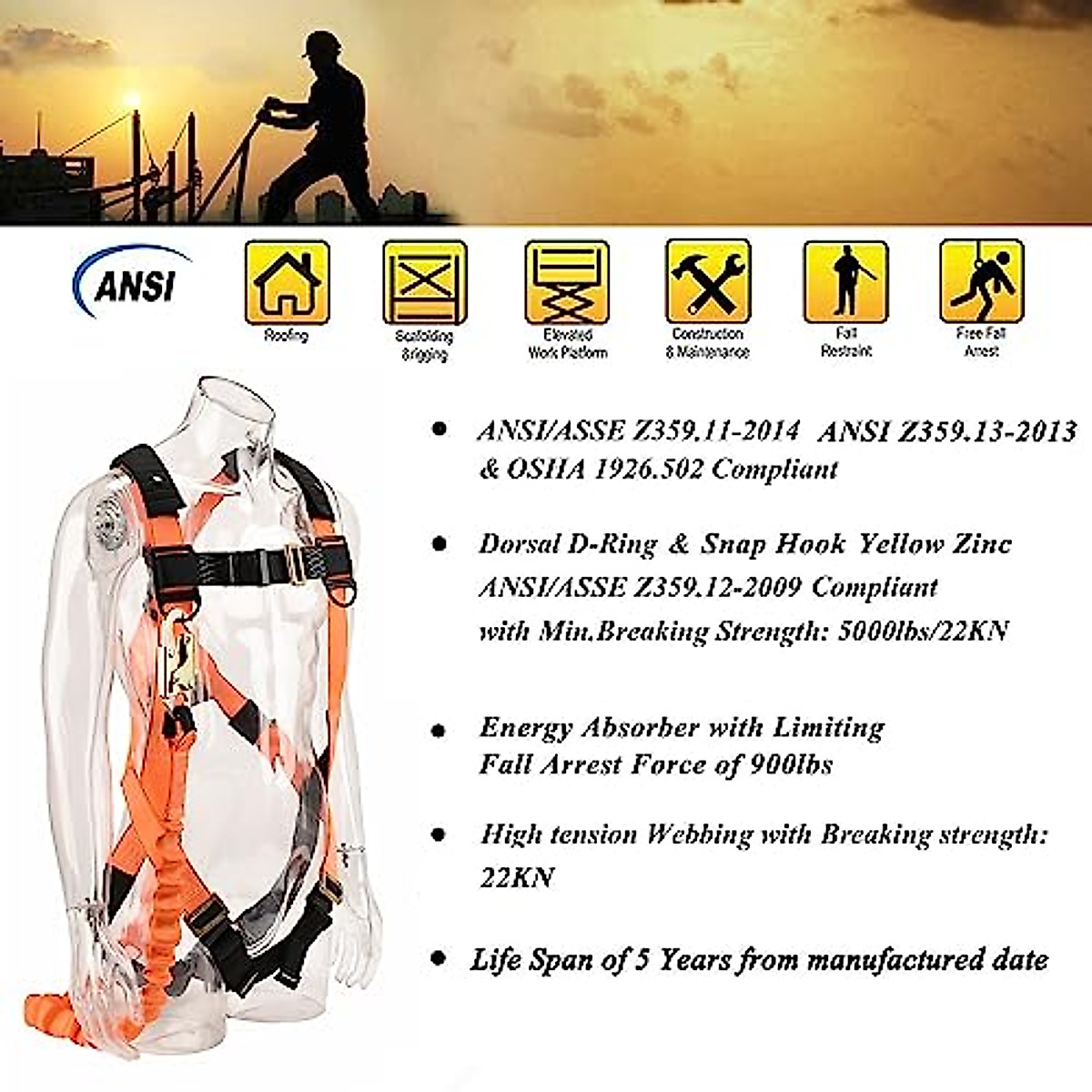WELKFORDER 1D-Ring Industrial Fall Protection Safety Harness with 6-Foot Shock Absorber Stretchable Lanyard | Permanent attached Kit | ANSI Compliant Personal Fall Arrest System(PFAS)