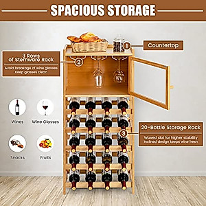 COSTWAY Freestanding Wine Rack, 20-Bottle Wine Display Shelf w/ 100% Bamboo Material, Glass Holder, Transparent Cabinet Door, Vertical Wine Bar Cabinet Organizer for Kitchen, Pantry, Home Bar