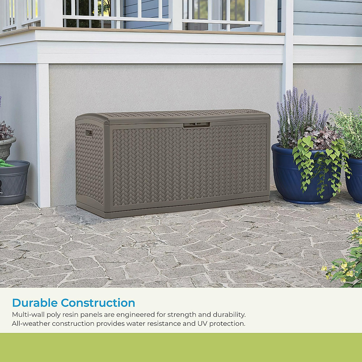 Suncast 124 Gallon Wicker Horizontal Outdoor Deck Box with Hinged Lid, Water-Resistant Storage Solution for Patio, Deck, Yard, and Garage, Stoney