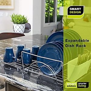 Smart Design Expandable Dish Drainer Drying Rack with Cutlery Cup - Steel Metal Wire - Fits in Standard Sinks - Dishes, Cups, Silverware Organization - Kitchen - 13.5 x 20.63 Inch Chrome