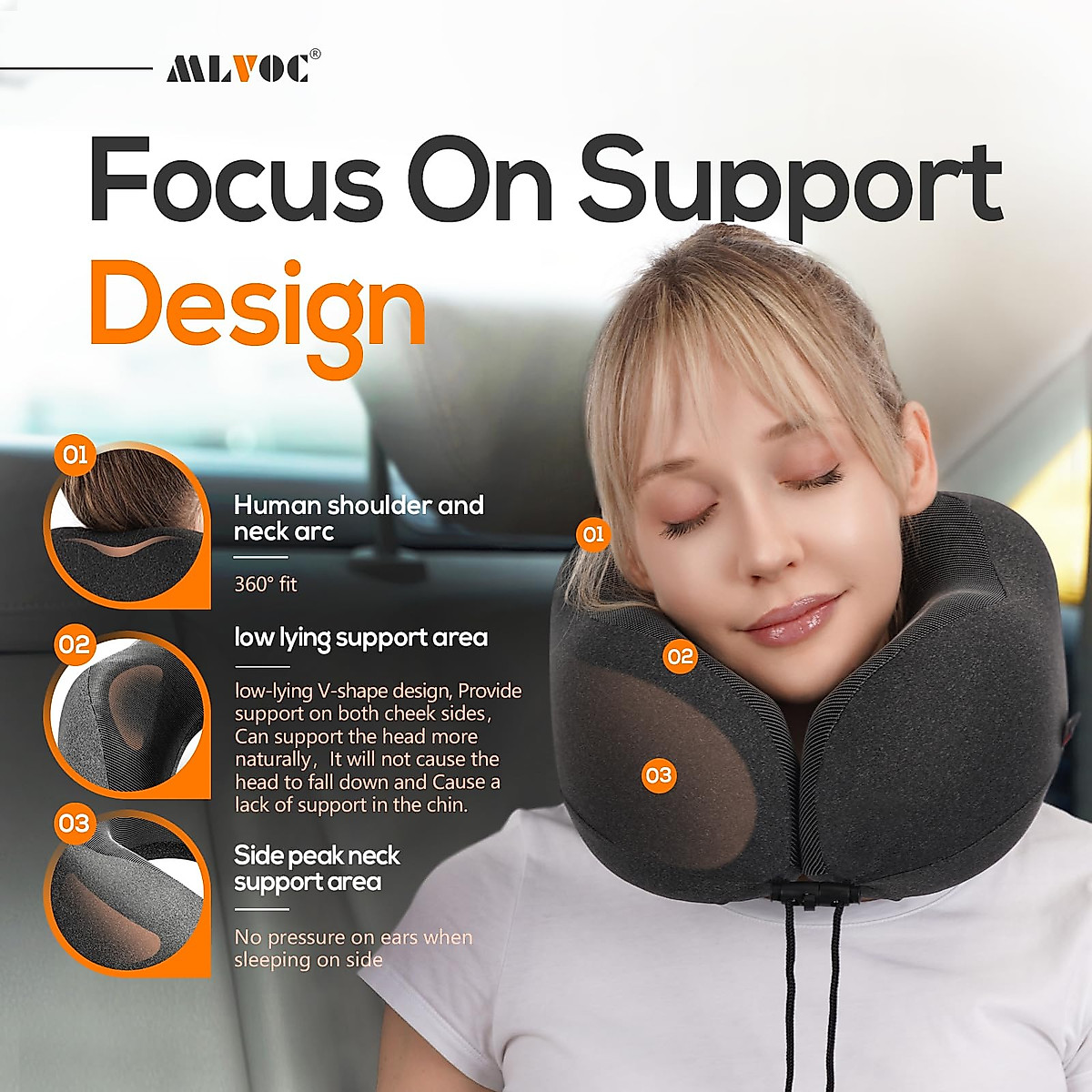 MLVOC Travel Pillow 100% Pure Memory Foam Neck Pillow, Comfortable & Breathable Cover, Machine Washable, Airplane Travel Kit with 3D Contoured Eye Masks, Earplugs, and Luxury Bag, Standard (Black)