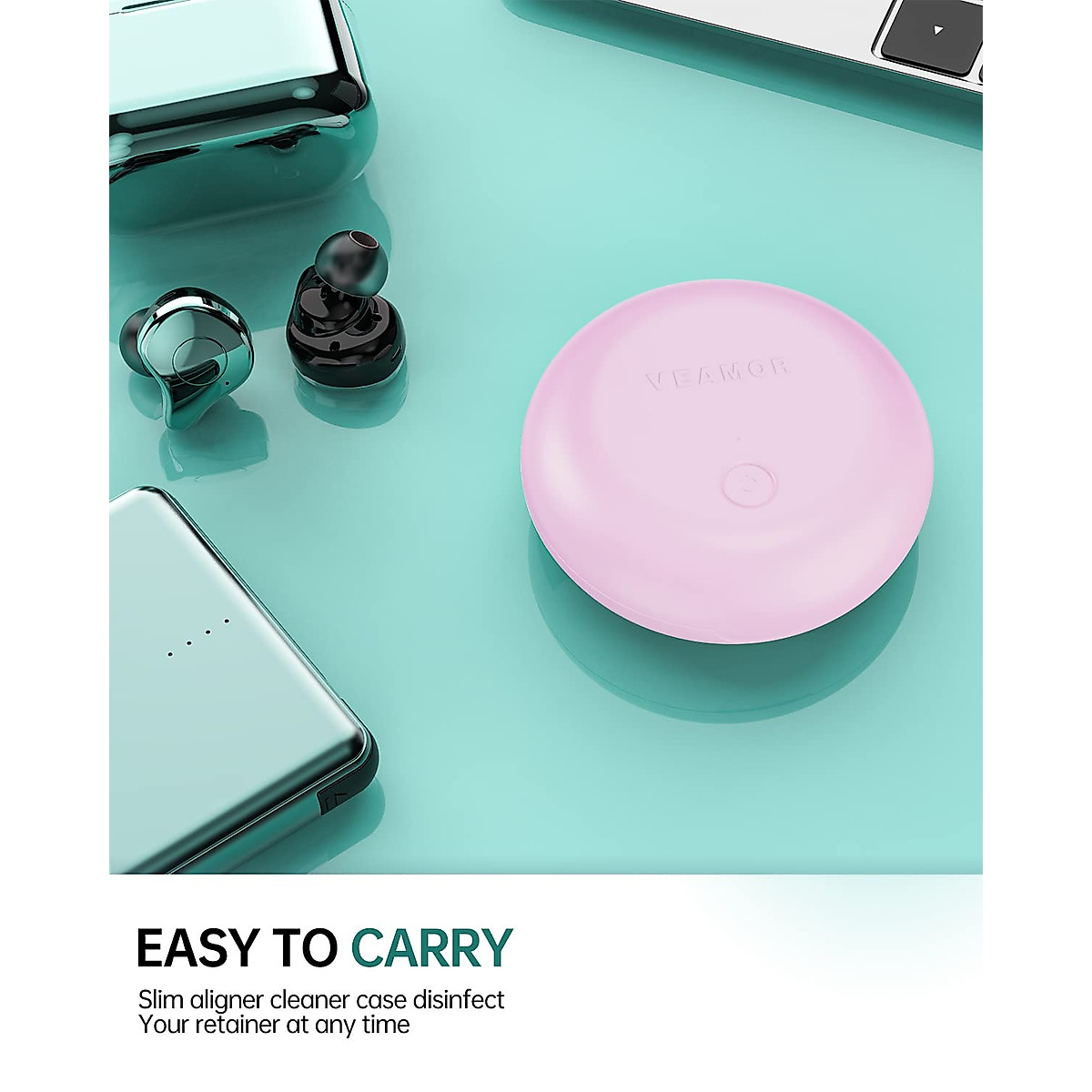 Retainer Case, VEAMOR Invisalign Case Holder,Dental Braces Case Slim Battery Powered with Protective Bag for Invisalign, Aligner - Pink