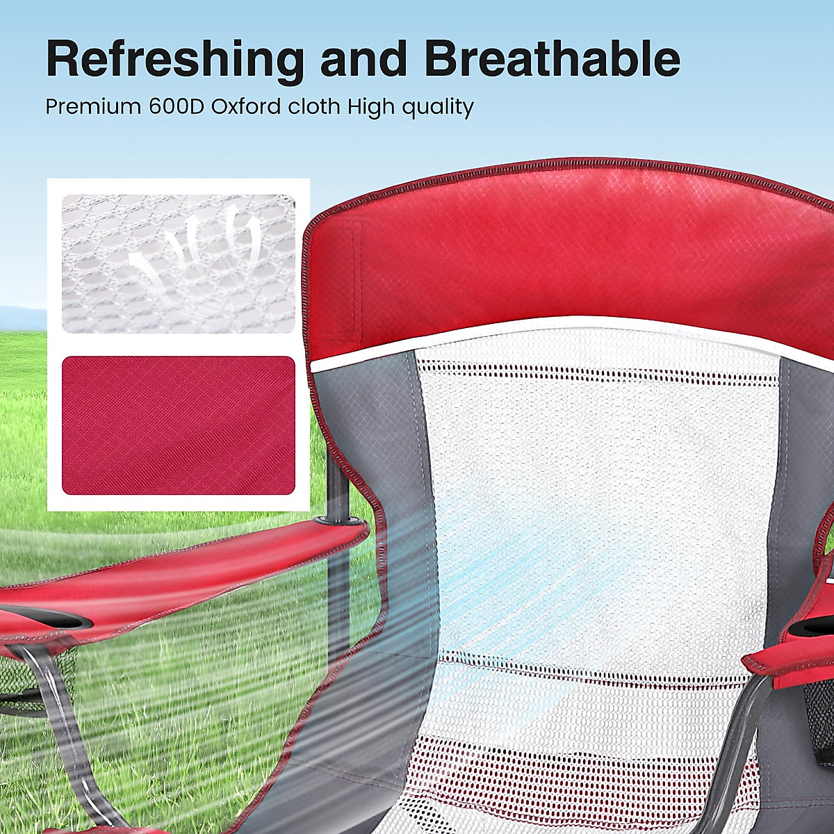 HIGH POINT SPORTS Portable Mesh Back Camping Folding Chair, Portable Camping Chair for Adults, Heavy Duty Fishing Lawn Chair, Padded Collapsible Outdoor Chair for Adults, Outdoor, Garden, Patio, Red