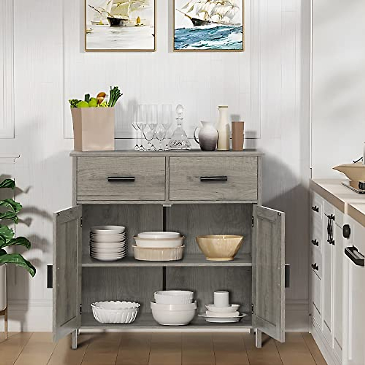 Quimoo Storage Cabinet, Bathroom Floor Cabinet with 2 Drawers & Adjustable Shelves, Bathroom Storage Cabinet with 2 Doors for Living Room, Bedroom, Home Office, Grey