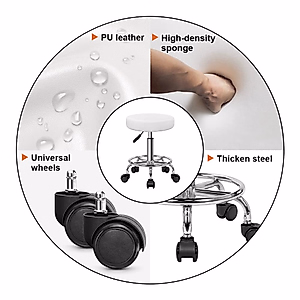 KKTONER PU Leather Round Rolling Stool with Foot Rest Swivel Height Adjustment Spa Drafting Salon Tattoo Work Office Massage Stools Task Chair Cushion 14 inches (White)