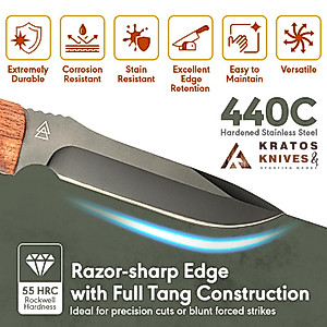 Hunting Knife with Sheath, 9" Fixed Blade EDC Knife with 440C Hardened Stainless Steel Full Tang Survival Knife for Outdoor & Camping Bushcraft Knife, Leather Sheath Included By Kratos - ZFS8