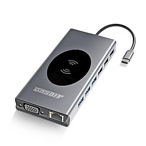 Docking Station USB-C Dual Monitor 15 in 1 for MacBook Pro/Air/Dell/Lenovo/HP. with Wireless Phone Charger. Dongle to 4K HDMI. VGA, SD/Micro SD Card Reader. Ethernet. 1 USB-C-PD. Audio Jack.