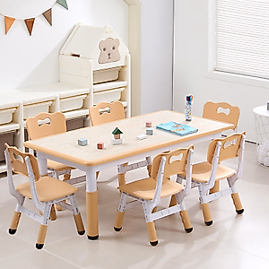 GarveeHome Kids Table and 6 Chair Set - Height Adjustable, Multifunctional Desk, Ergonomically Designed Chairs, Max 300lbs, for Ages 2-10, Classroom, Daycares, Home