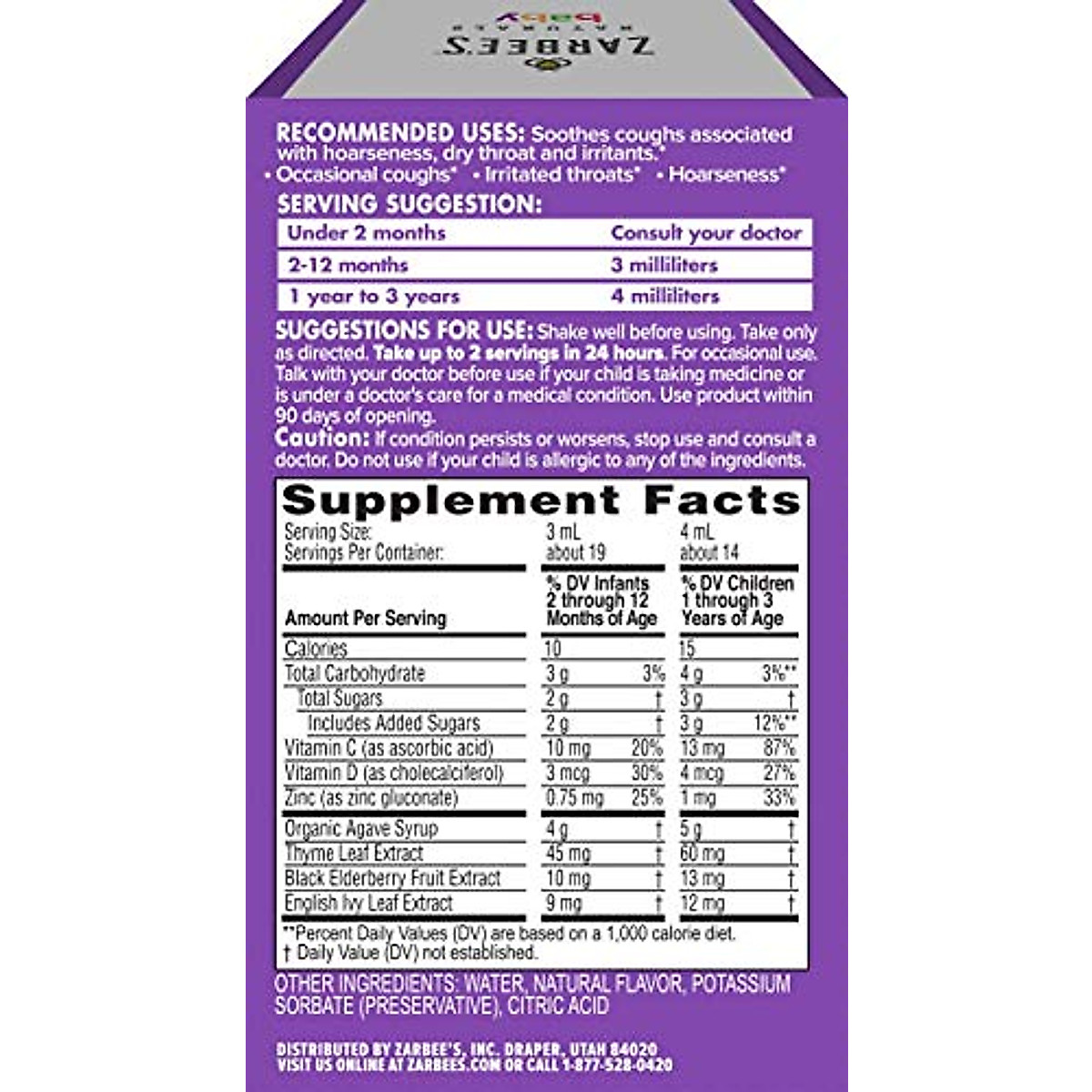 Zarbee's Naturals Complete Baby Cough Syrup Immune with Agave/Thyme & Elderberry, 2 Fl Oz (Pack of 1)