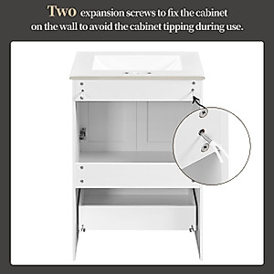 Yaheetech 24.5" Modern Bathroom Vanity with Ceramic Basin, Undermount Bathroom Vanity Sink Cabinet with 2 Doors and 1 Drawer, Free Standing Bathroom Storage Cabinet with Sink Combo Set, White