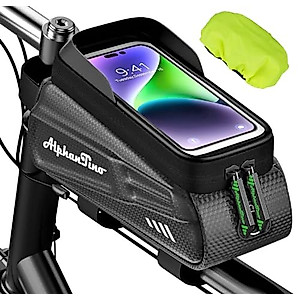 Alphantino Bike Phone Holder Bag - Large Capacity Bicycle Top Tube Handlebar Front Frame Pouch Cycling Hard Case Mount, EVA Pressure-Resistant Bag, TPU Touch-Screen & Sun-Visor (Green ZIpper)