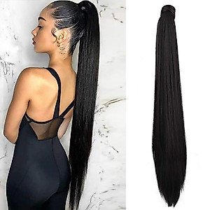 SEIKEA 35 Inch Clip in Ponytail Extension Wrap Around Long Straight Pony Tail Hair Synthetic Hairpiece for Women - Black