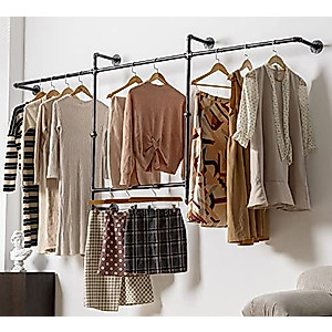 Industrial Pipe Clothing Racks with Shelves, Wall Mounted Clothes Racks with Hanging Rod, Heavy Duty Garment Racks, Industrial Retro Steampunk Closet Organizer Hall Tree for Home Retail Store