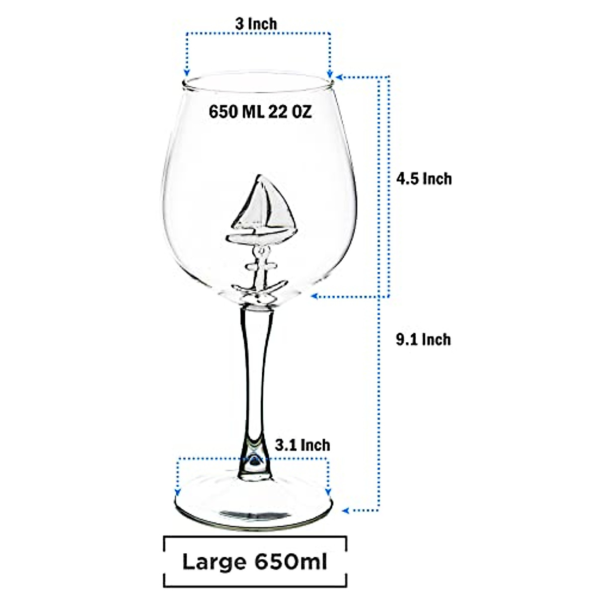 Sailing Wine Glasses Sail boat for Wine - Italian Cabernet Red Wine Glass With 3D Sailboat Inside - Creative Crystal Clear Cup Wine Glass Goblet Flute Lead-free - Perfect for Homes, Bars, Party (2pc)