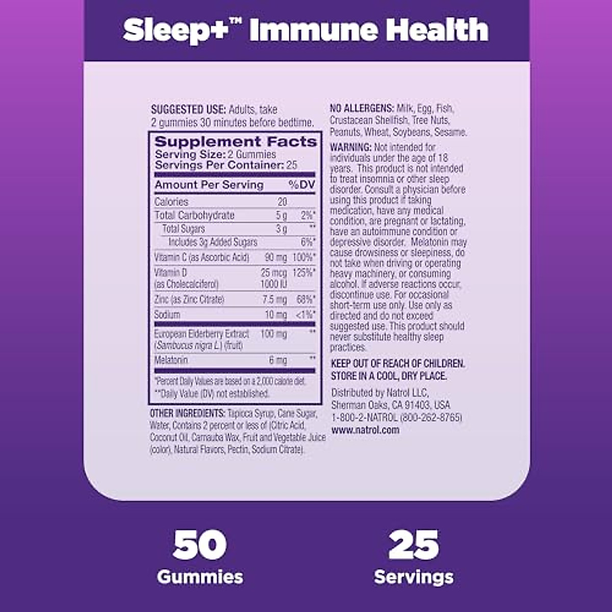 Natrol Sleep+ Immune Health Gummy, Sleep Aid & Immunity Support, Elderberry, Vitamins C, D and Zinc, Drug Free, 50 Berry Flavored Gummies