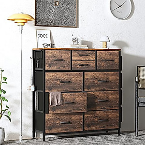 Himusi Dresser for Bedroom with 10 Drawers, Fabric Storage Tower with Side Pockets, Tall Chest of Drawers for Nursery, Hallway, Closets (Rustic Brown)