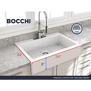 BOCCHI Nuova Apron Front Drop-In Fireclay 34 in. Single Bowl Kitchen Sink with Protective Bottom Grid and Strainer in White