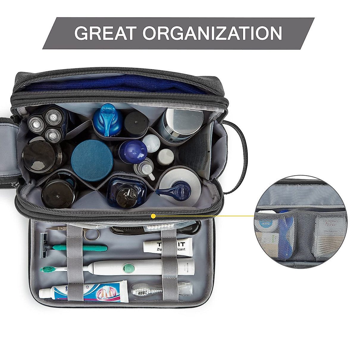 BAGSMART Toiletry Bag for Men, Canvas Travel Toiletry Organizer Dopp Kit Water-resistant Shaving Bag for Toiletries Accessories,Black-Large