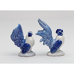 Fine Ceramic Dutch Blue Country Farmhouse Rooster & Hen Salt & Pepper Shakers Set, 3-1/2" H