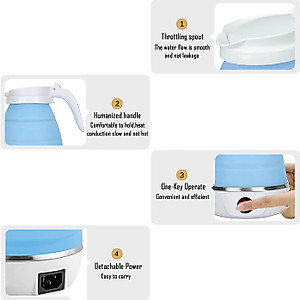 Foldable Electric Travel Kettle - Portable and Convenient Silicone Collapsible Water Boiler and Tea Pot for Camping - Easy Storage with Detachable Power Cord （Blue）