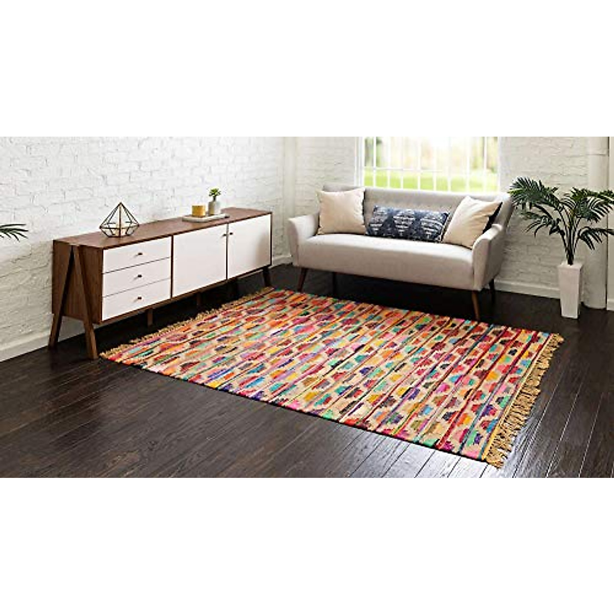 Unique Loom Chindi Trellis Collection Southwestern, Geometric, Modern, Bright Colors Area Rug (5' 0 x 8' 0 Rectangular, Multi/Beige)
