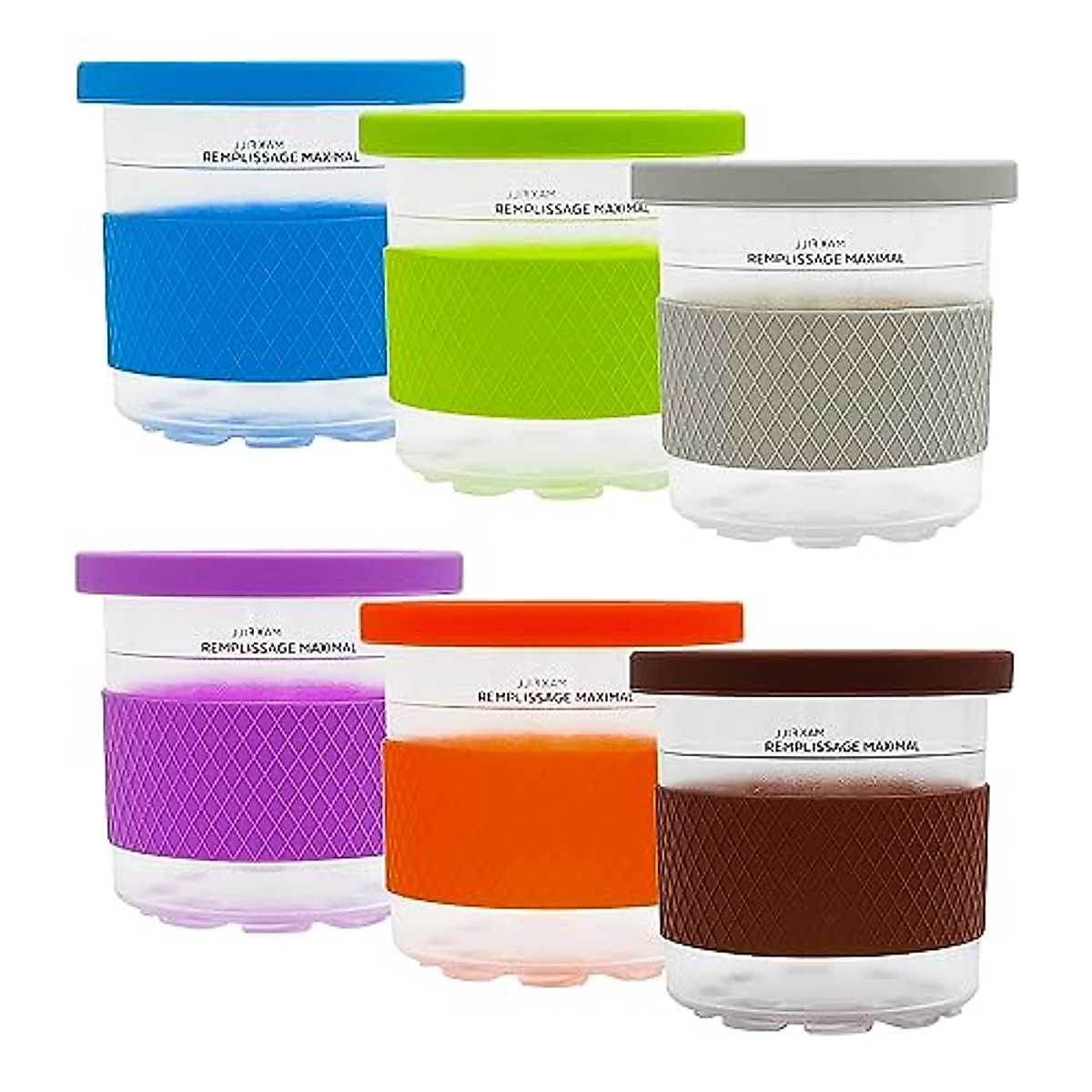 CXQ 6 Pack Replacement Ice Cream Pints with Silicone Lids and Sleeves，Compatible with Ninja Creami Ice Cream Maker, Model: NC301, NC300, NC299AMZ Series. (Blue/Green/Grey/Purpel/Orange/Coffee)