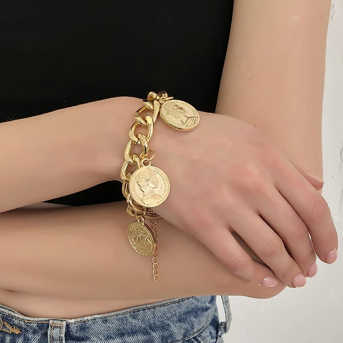 Jumwrit Chunky Chain Bracelet Punk Cuban Curb Link Chain Bracelet Statement Gold Coin Bracelet for Women