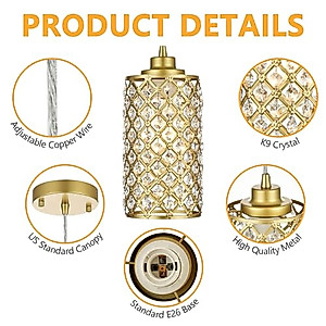 Niloah Gold Pendant Lights Kitchen Island, 1-Light Mini Single Gold Pendant Light, Adjustable Crystal Pendant Light, Kitchen Island Pendant Lighting
