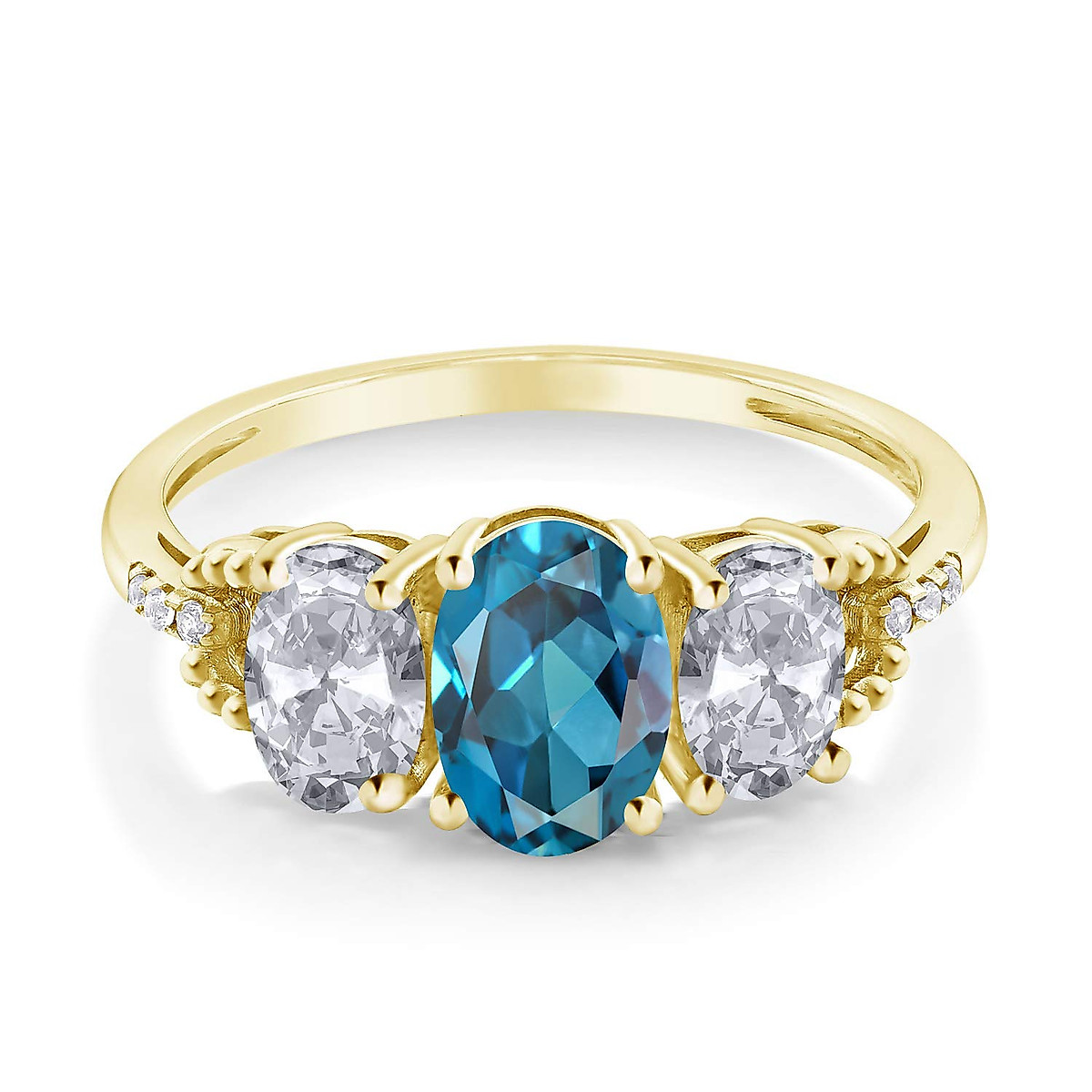 Gem Stone King 10K Yellow Gold London Blue Topaz White Topaz and Diamond Accent Engagement Ring For Women (2.22 Cttw, Oval Gemstone Birthstone, Available in size 5, 6, 7, 8, 9)