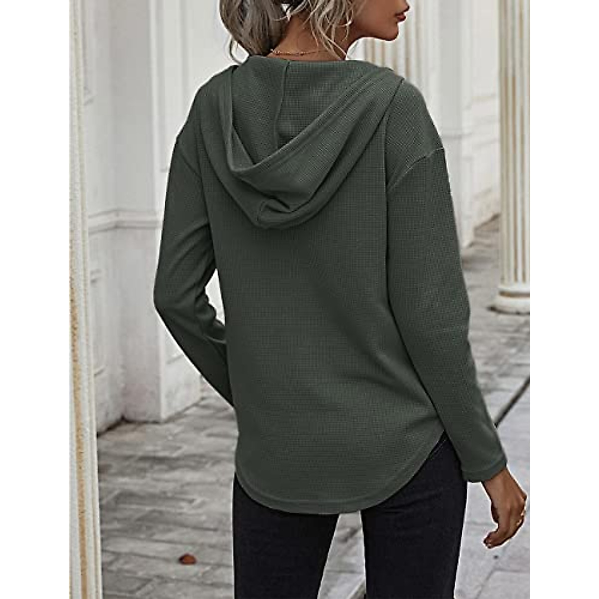 morhuduck Women's V Neck Hoodies Long Sleeve Sweatshirt Drawstring Pullover Tops with Pocket,Army Green, S