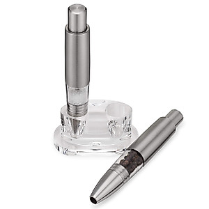 Executive Pen Salt and Pepper Grinder Set, Grind Gourmet Refillable Modern Thumb Button Grinders Use With Peppercorns, Sea and Himalayan Salts, Comes with Stand