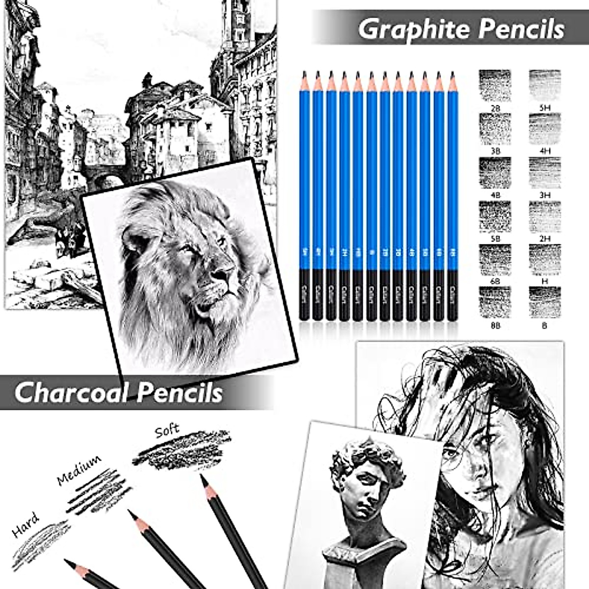 Caliart Art Supplies, Drawing Supplies, Premium Art Set Sketching Kit with 100 Sheets 3-Color Sketch Book, Graphite, Colored, Charcoal, Watercolor & Metallic Pencils for Artists Adults Teens Beginners