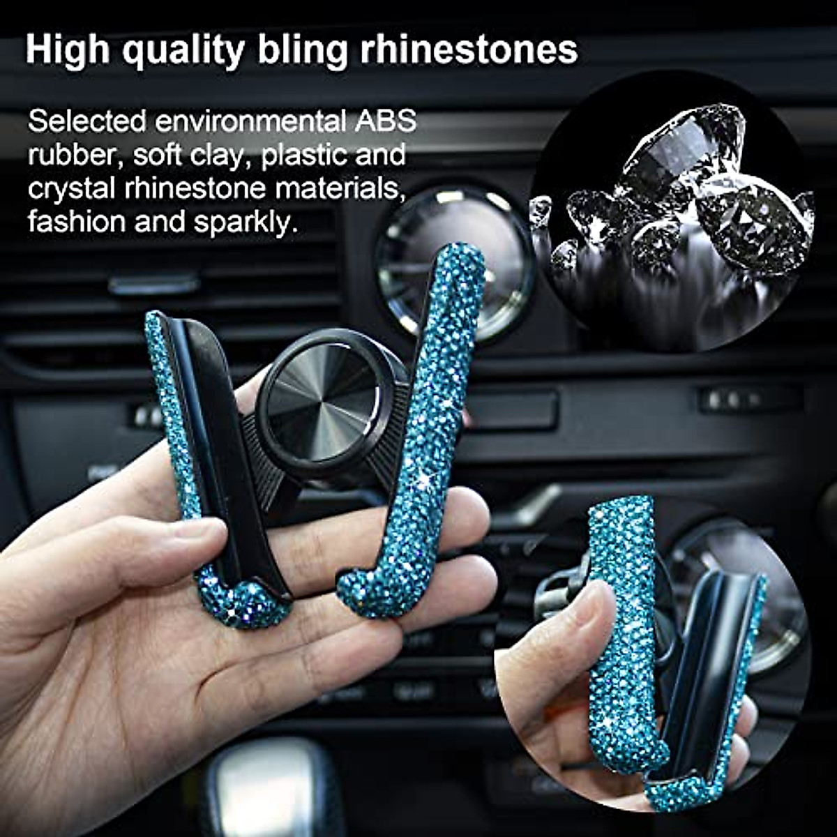 Amiss Bling Cell Phone Holder, Universal 360°Adjustable Car Phone Mount with One More Air Vent Base, Crystal Car Interior Decoration, for Dashboard and Air Vent - Pale Blue